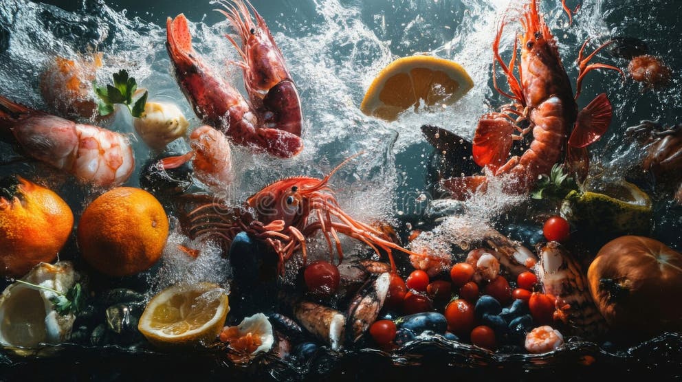 Vibrant Seafood Platter with Water Splash Stock Illustration ...