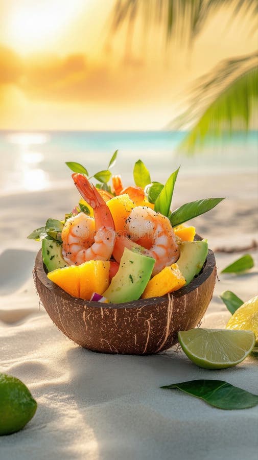 Vibrant Seafood Salad in Coconut Shell at Sunset Beach Setting ...