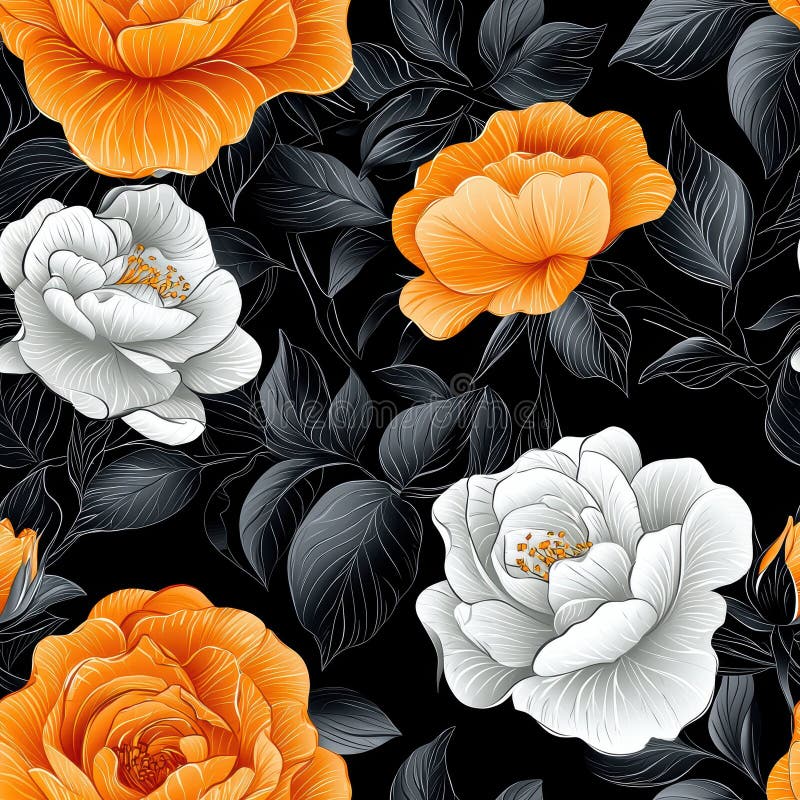 Vibrant Seamless Floral Pattern with Orange and White Roses on Black ...