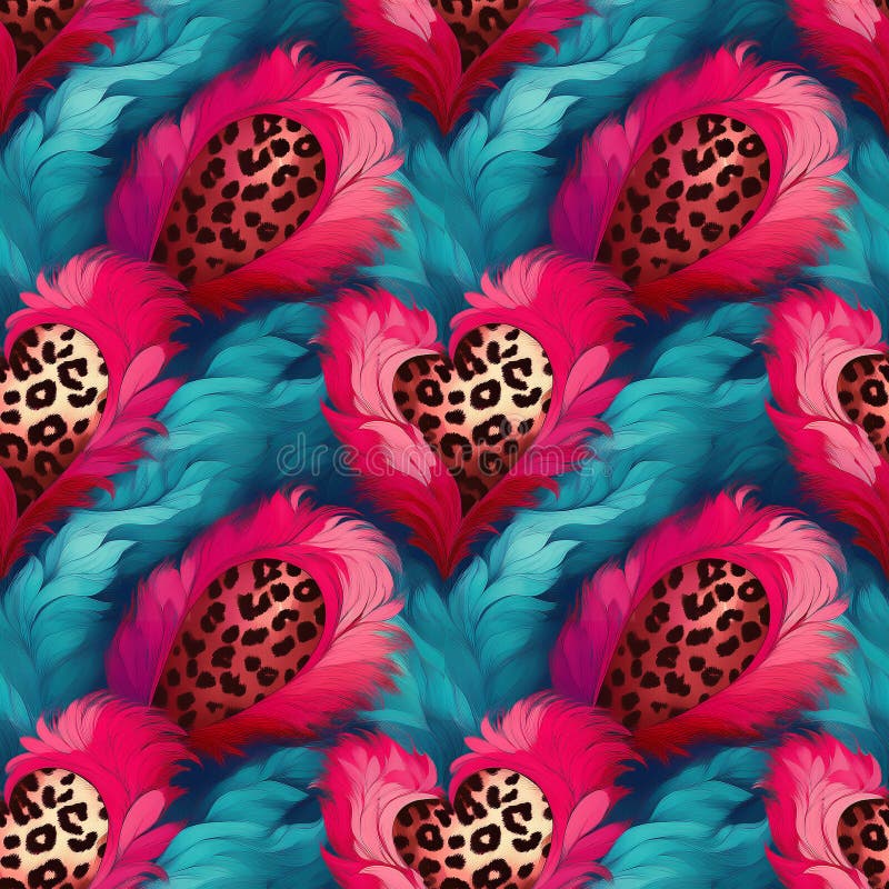Vibrant Seamless Leopard Print Pattern with Feathers and Hearts for ...