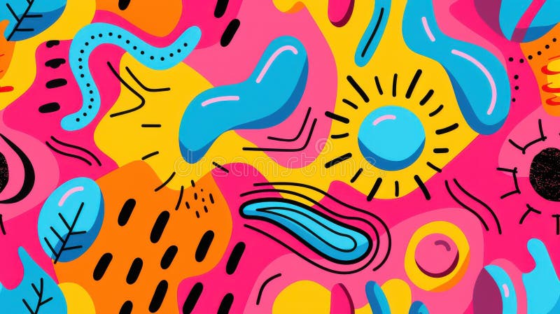 A Vibrant Seamless Pattern of Bold Doodle Shapes, Featuring Funky ...
