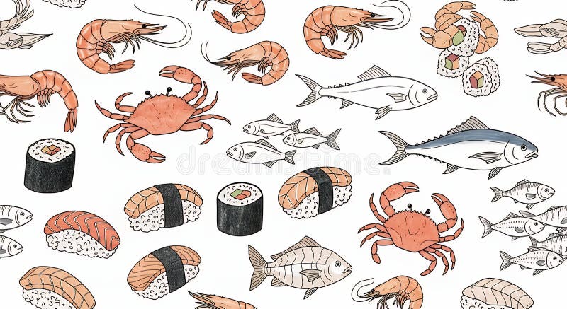 Seamless Hand-Drawn Seafood and Sushi Pattern Stock Vector ...