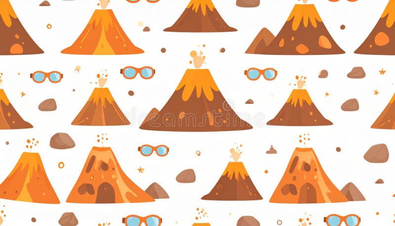 Seamless Pattern with Cartoon Volcanoes Erupting and Protective Goggles ...
