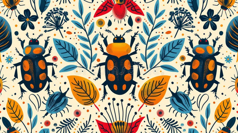 A Vibrant Seamless Pattern Featuring Colorful Beetles, Flowers, and ...