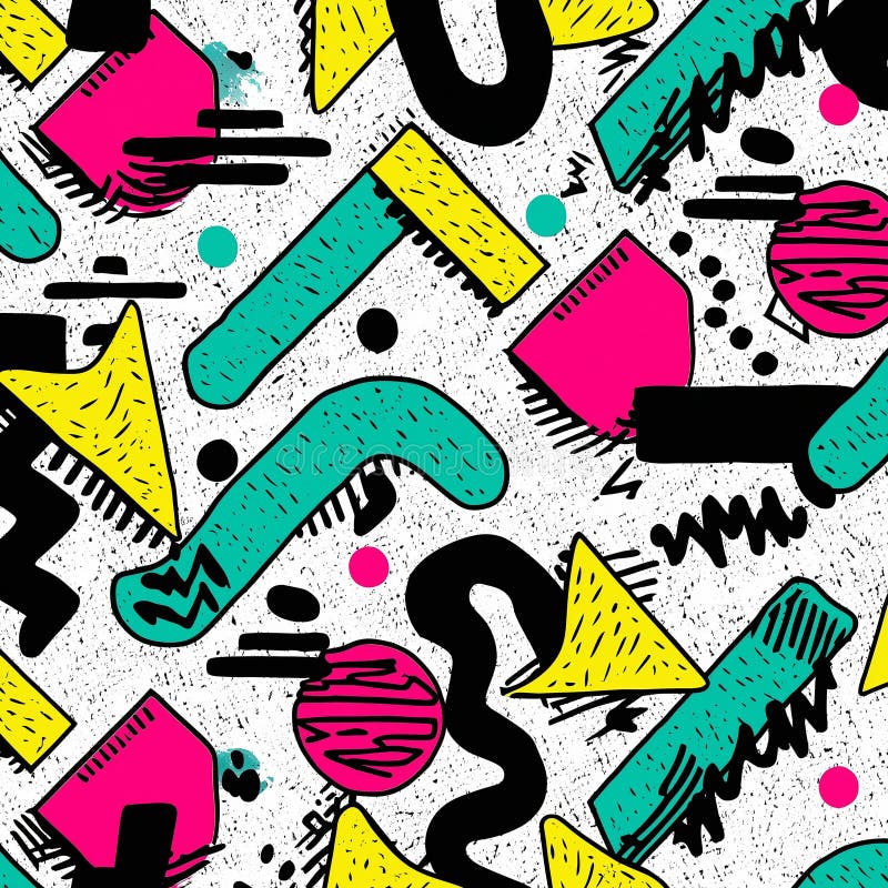 Seamless Memphis Pattern with Squiggles, Triangles, and Bold Lines ...