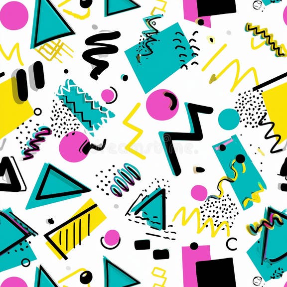 Seamless Memphis Pattern with Squiggles, Triangles, and Bold Lines ...