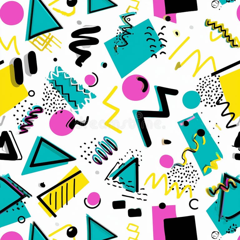 Seamless Memphis Pattern with Squiggles, Triangles, and Bold Lines ...