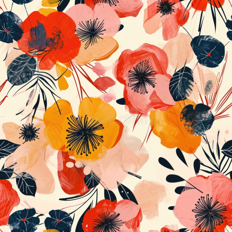 A Vibrant Seamless Pattern of Stylized Flowers in Full Bloom Stock ...