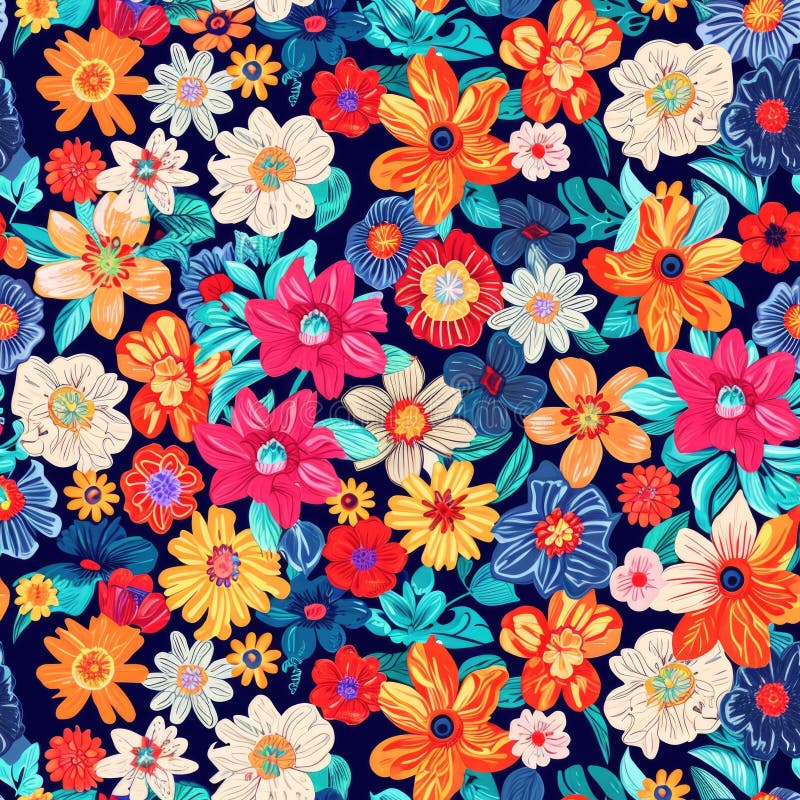 A Vibrant Seamless Pattern of Stylized Flowers in Full Bloom Stock ...