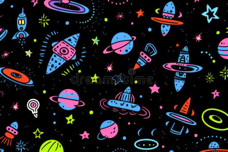 Vibrant Seamless Pattern of Whimsical Rockets and Planets on a Starry ...