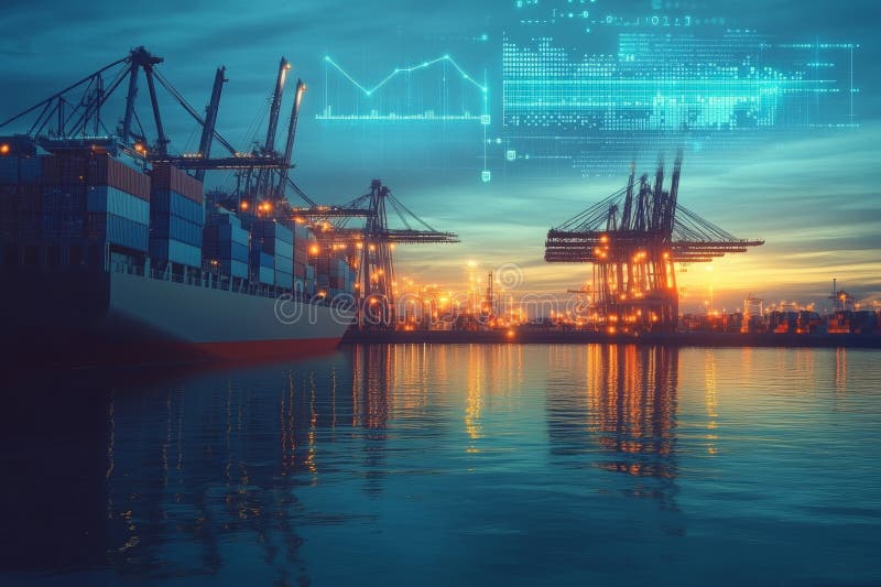 A Vibrant Seaport at Sunset Featuring Freight Ships, Cargo Cranes, and ...