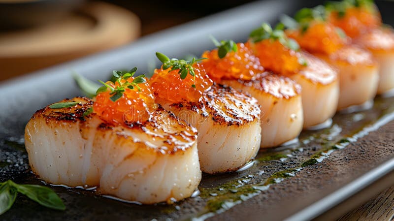 Vibrant Seared Scallops with Salmon Roe Stock Illustration ...