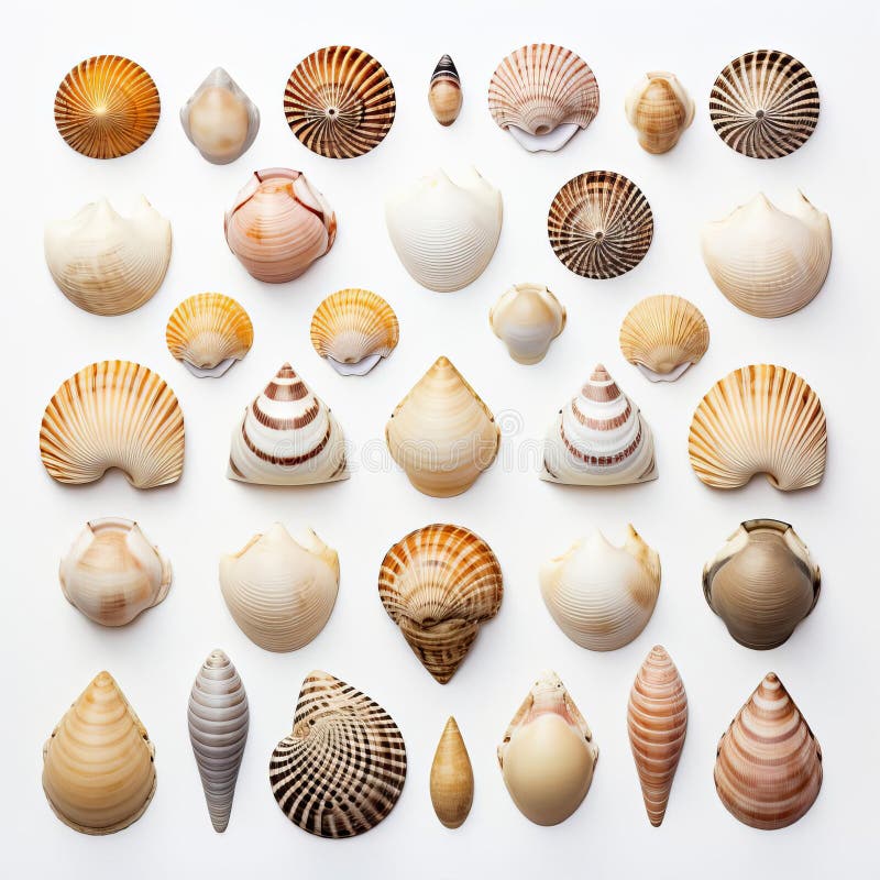 Vibrant Seashell Collection on White Background Display Stock ...
