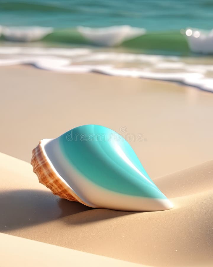 Vibrant Seashell on Pristine Beach Sand with Gentle Waves in Sunlight ...