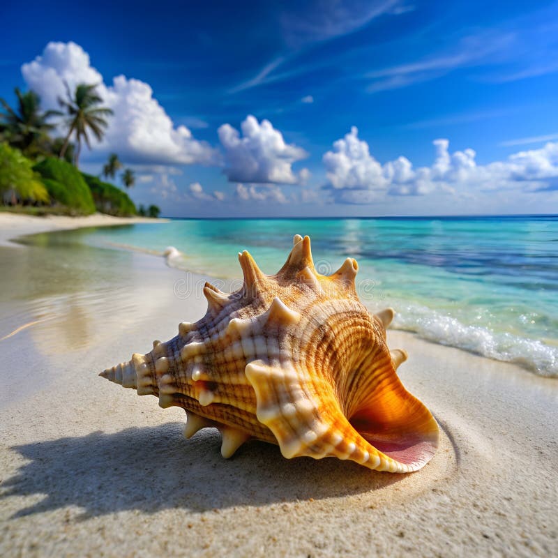 A Vibrant Seashell on a Serene Beach with Crystal Clear Waters and a ...