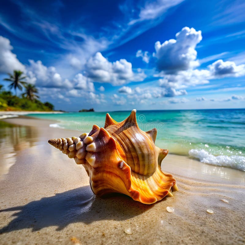 A Vibrant Seashell on a Serene Beach with Crystal Clear Waters and a ...