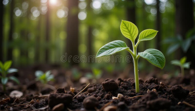 Vibrant Seedling in Forest, Monochrome Focus on Sustainability Stock ...