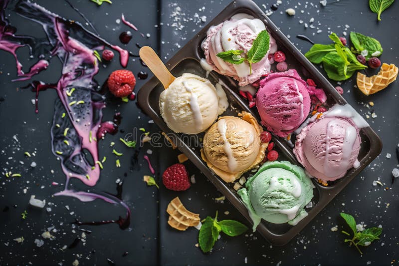 A Vibrant Selection of Ice Cream Scoops in a Tray with Berries, Mint ...
