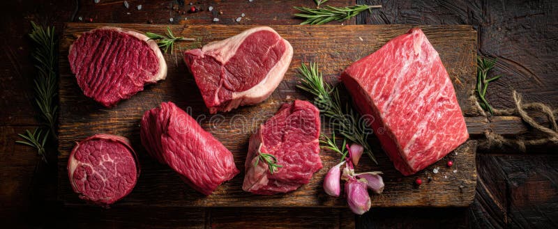 The Vibrant Selection of Premium Beef Cuts on a Rustic Wooden Board..AI ...