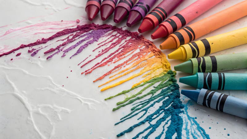 A Vibrant Semicircle of Melted Crayons with a Rainbow of Colors on a White Textured Background ...