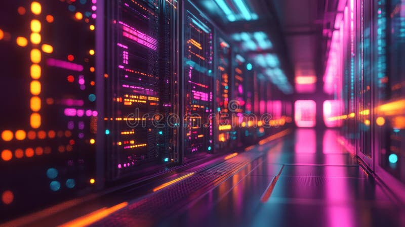 A Vibrant Server Room Illuminated with Colorful Lights, Showcasing ...