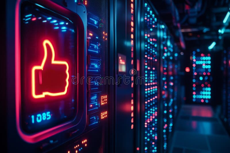 A Vibrant Server Room Illuminated in Neon Lights. a Glowing Thumbs Up ...