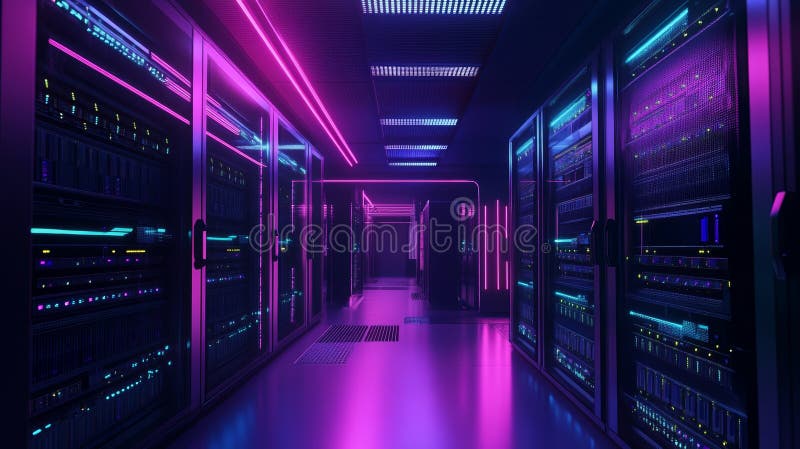 A Vibrant Server Room Illuminated with Neon Lights, Showcasing Cutting-edge Technology in a ...