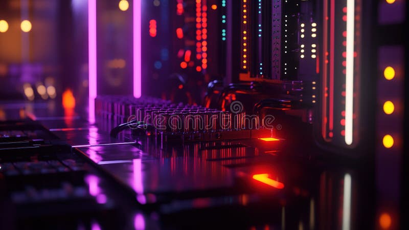 A Vibrant Server Room Showcasing Illuminated Cables and Components ...