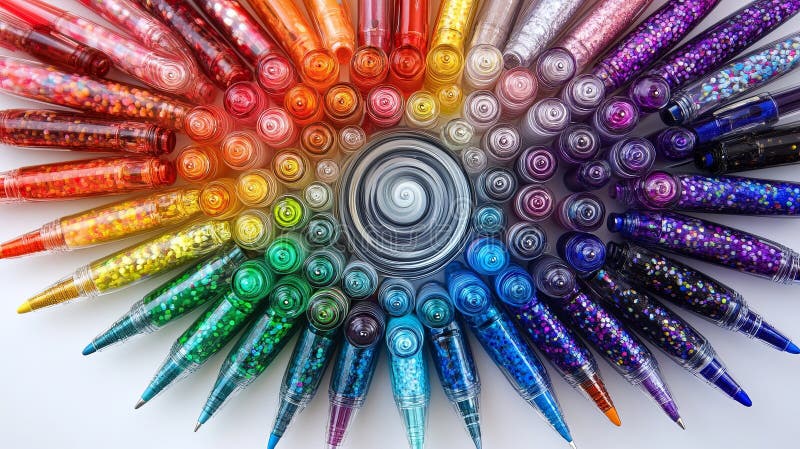 A Vibrant Set of Gel Pens Arranged in a Spiral Pattern on a Clean Desk ...