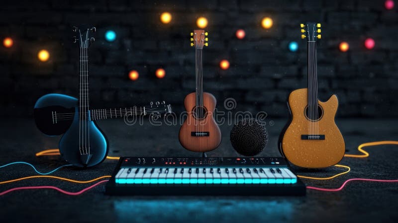A Vibrant Setup Featuring Various Musical Instruments Including Guitars ...