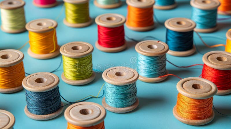 Colorful Sewing Spools Arranged Neatly on a Blue Surface Stock Image ...