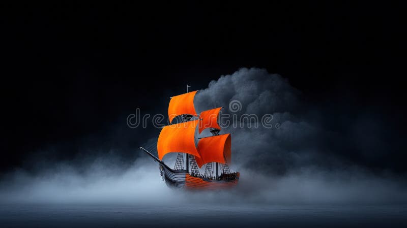 A Vibrant Ship with Orange Sails Navigating through a Misty Atmosphere ...