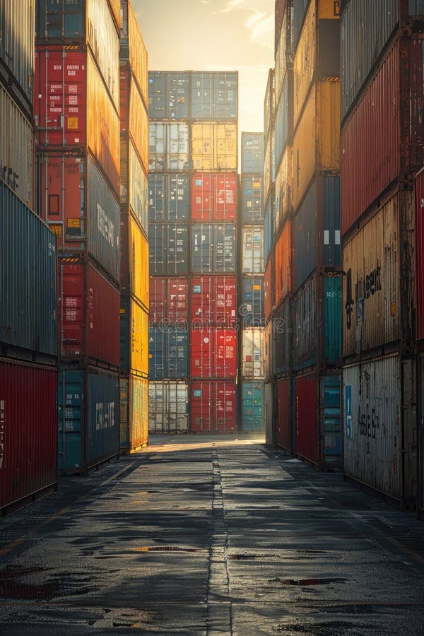 Vibrant Shipping Containers in a Corridor Stock Image - Image of ...