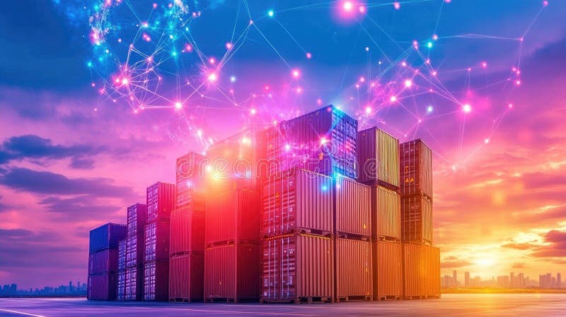 Vibrant Shipping Containers with Digital Connections at Sunset Stock ...