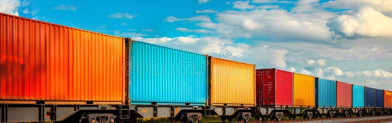 Vibrant Shipping Containers on a Freight Train Under a Bright Blue Sky ...