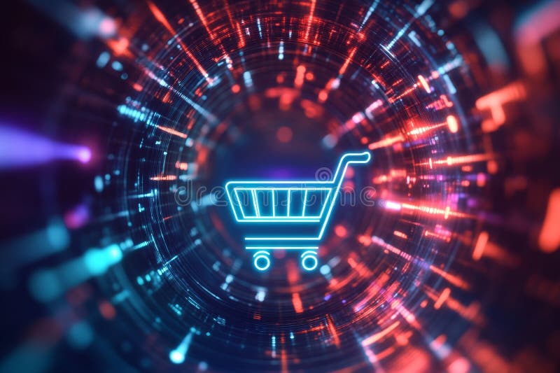 Vibrant Shopping Cart Icon Illuminated in Dynamic Abstract Data Tunnel ...