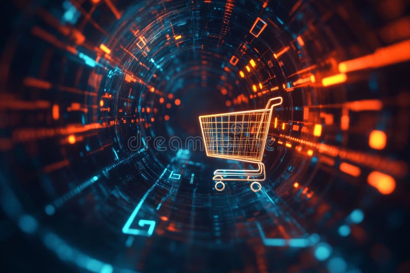 Vibrant Shopping Cart Icon Illuminated within a Dynamic Abstract Data ...