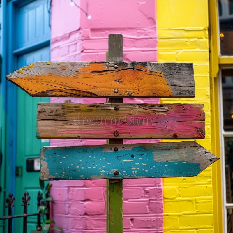 Vibrant Shops Flanked by a Charming Wooden Pedestrian Sign Stock Image ...