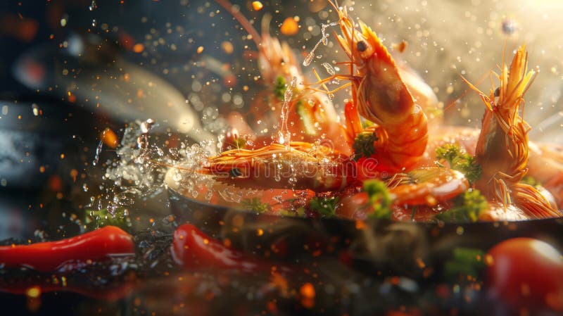 Vibrant Shrimp Dish Cooking with Spices in a Dynamic Kitchen during ...
