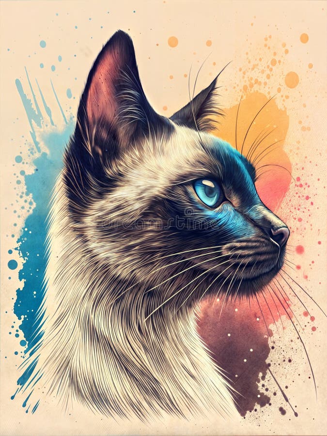 Vibrant Siamese Cat Illustration with a Retro Glitch Appeal in Bold ...