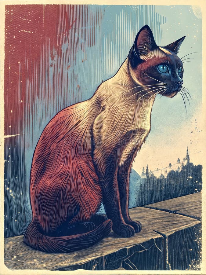 Vibrant Siamese Cat Illustration with a Retro Glitch Appeal in Bold ...