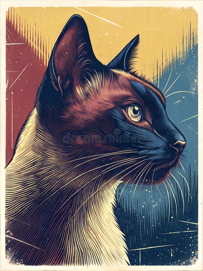 Vibrant Siamese Cat Illustration with a Retro Glitch Appeal in Bold ...