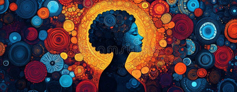 A Vibrant Silhouette of a Woman Surrounded by Colorful Patterns and ...