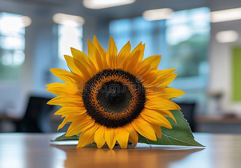 Vibrant Single Sunflower on Wooden Table in Office High Quality Image ...
