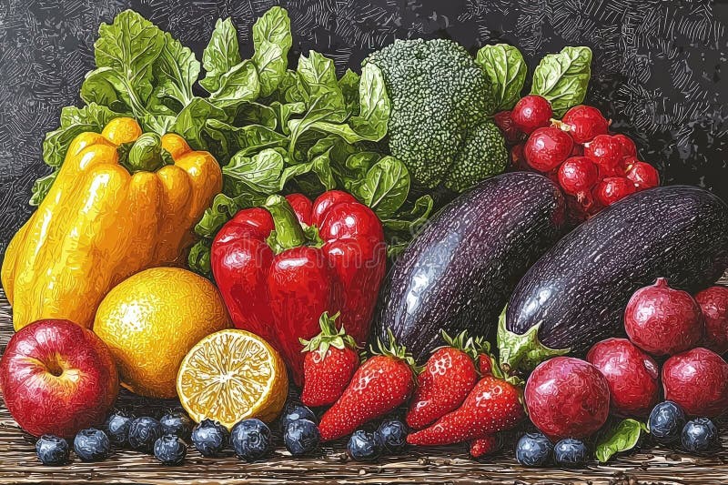 Vibrant Painting Assorted Fruits Vegetables Stock Photos - Free ...