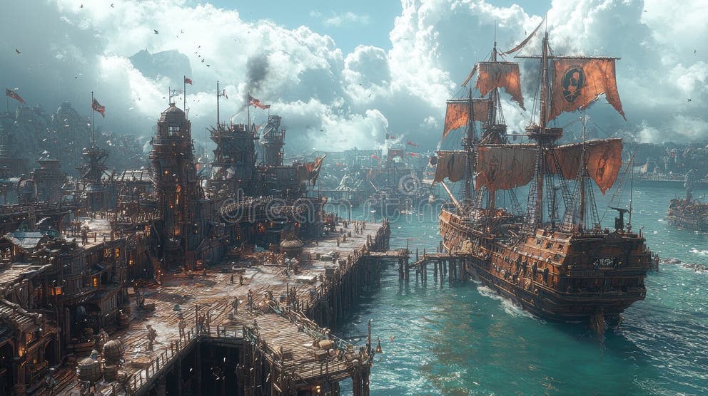 Vibrant Sky Pirate Base on Massive Floating Island with Ships Stock ...