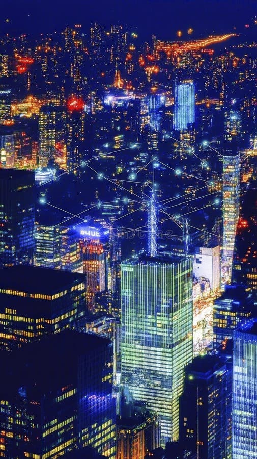 Vibrant Skyscraper Grid in a Digital Night Skyline View Stock ...