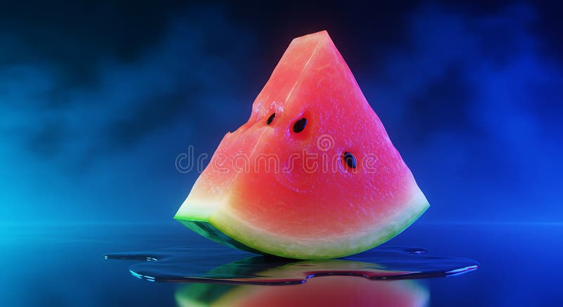 Neon Watermelon Slice on Blue Water Background Stock Illustration ...