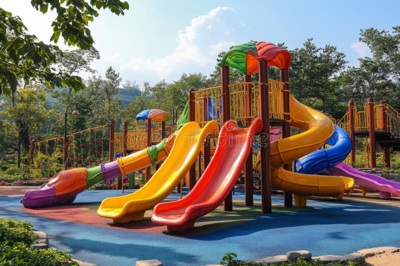 Vibrant Slides in a Park Surrounded by Lush Greenery and Clear Skies ...