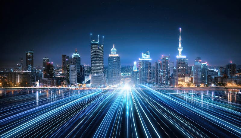 Vibrant Smart City Skyline at Night, Illuminated with Glowing Pathways ...